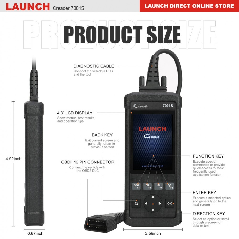 Launch OBD2 Scanner 7001S Diagnostic Scan Tool Code Reader ABS SRS ...